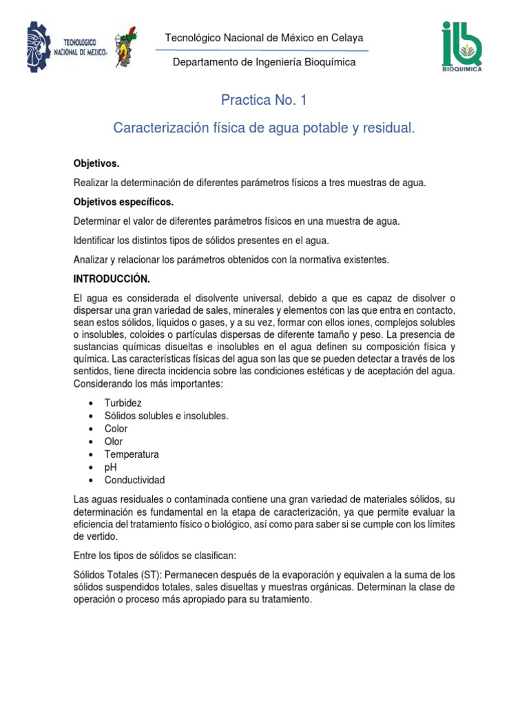 Practica No. 1 Caracterización Física de Agua Potable y Residual | PDF | Química | Valoración