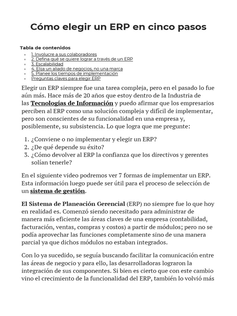 1 Cómo elegir un ERP en cinco pasos | PDF | Planificación de recursos empresariales | Escalabilidad