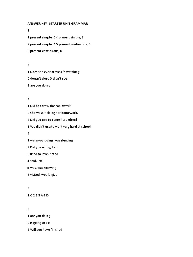 Starter Unit Grammar Answer Key | PDF | Language Arts & Discipline
