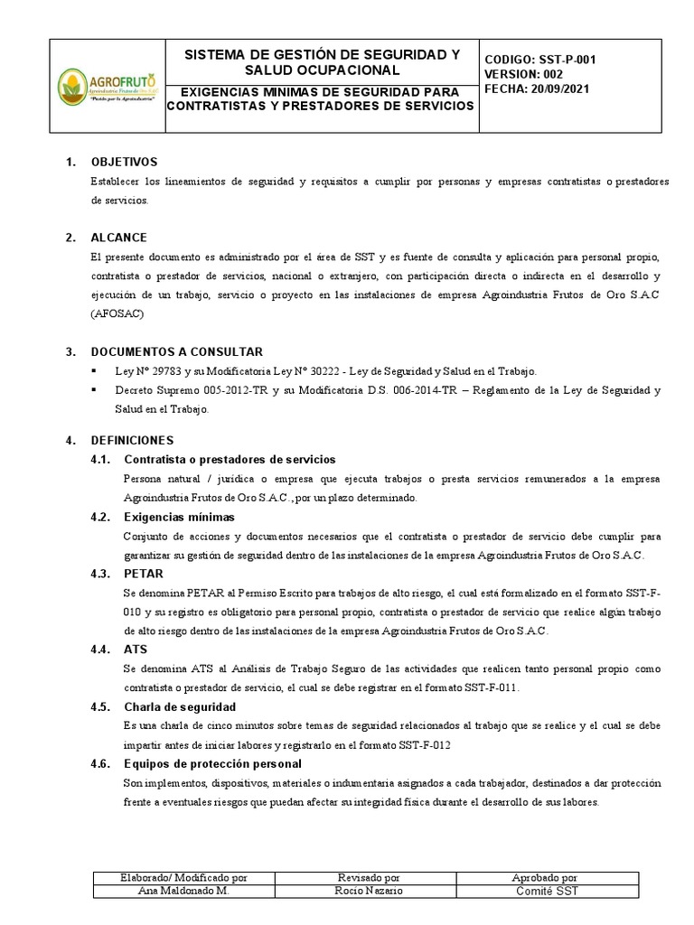 SST-P - 001 Procedimiento de Exigencias Minimas de Seguridad para Contratistas y Prestadores de ...