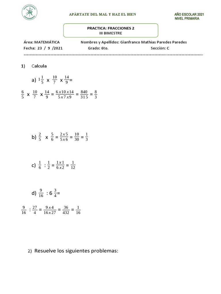 Practica de Fracciones 2... | PDF | Métodos y materiales de enseñanza