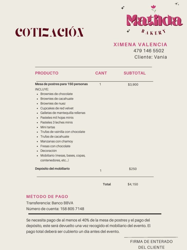 Cotización Mesa de Postres PDF | PDF