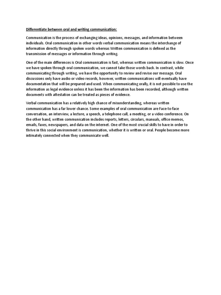 Differentiate Between Oral and Writing Communication | PDF | Language Arts & Discipline