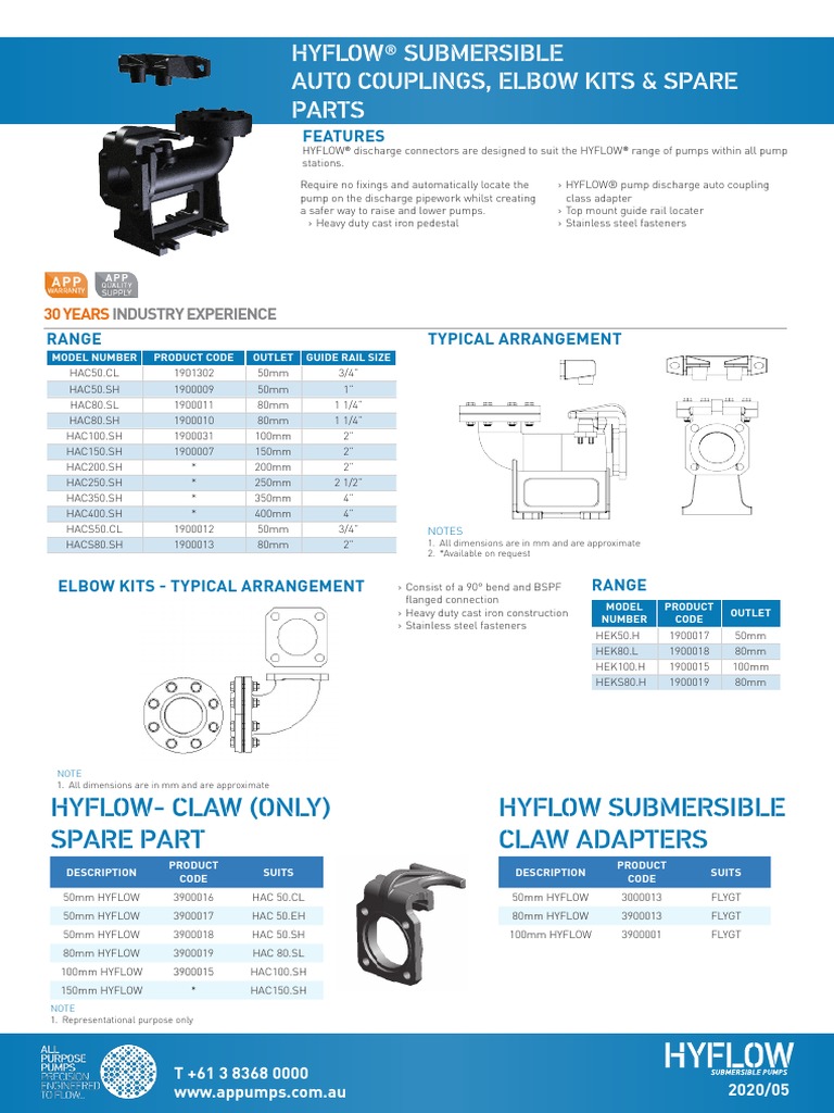 HYFLOW Submersible Auto Couplings Elbow Kits and Spare Parts - Data Sheet PDF | PDF | Mechanical ...
