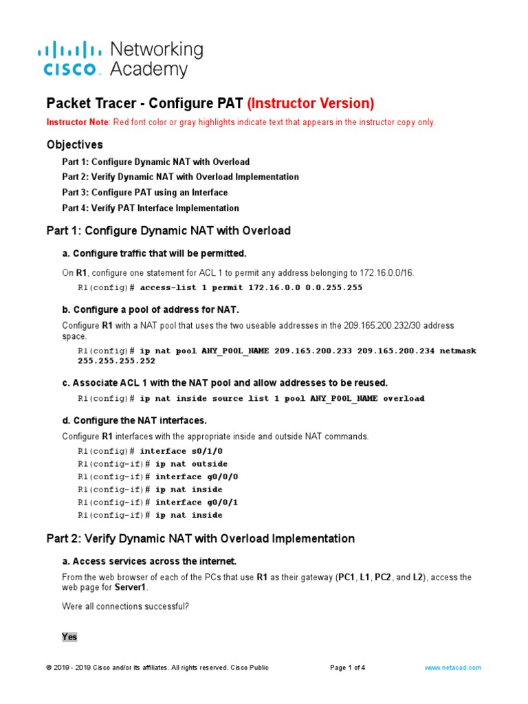 6 6 7 Packet Tracer Configure Pat Ilm Download Free Pdf Ip Address Computer Architecture