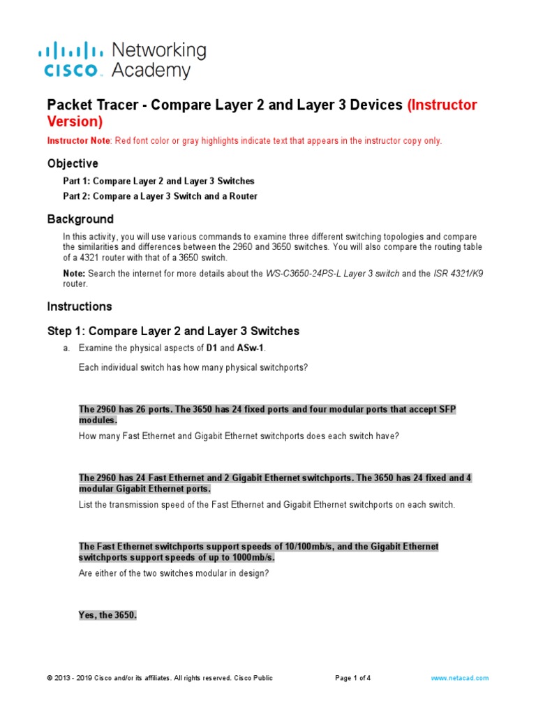 11.5.1 Packet Tracer - Compare Layer 2 and Layer 3 Devices - ILM | PDF | Network Switch | Router ...