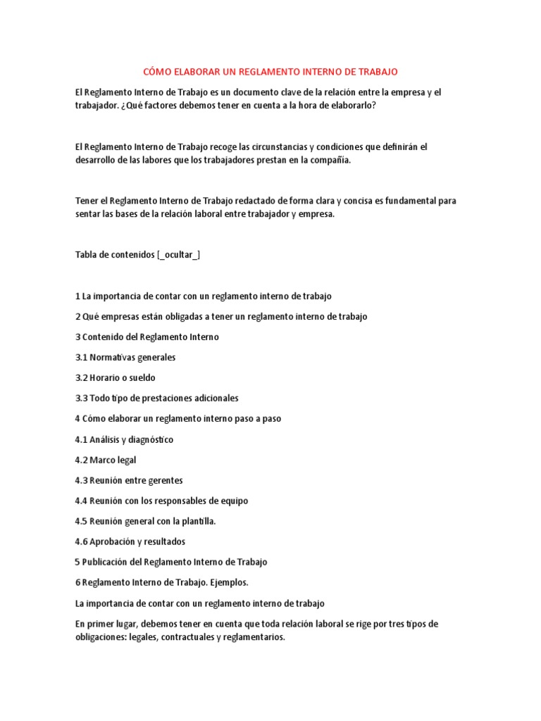 Cómo Elaborar Un Reglamento Interno de Trabajo | PDF | Derecho laboral ...