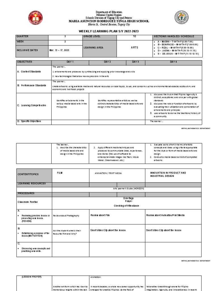 Maria Asuncion Rodriguez Tiñga High School Weekly Learning Plan S/Y ...