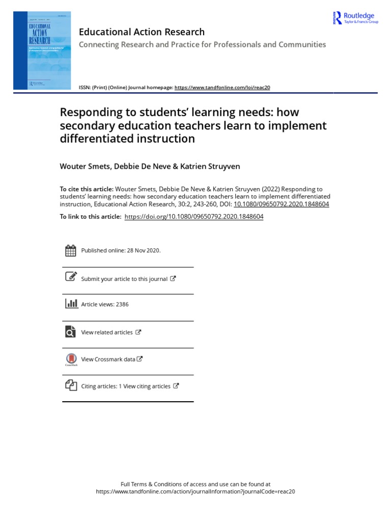 Responding To Students Learning Needs How Secondary Education Teachers ...