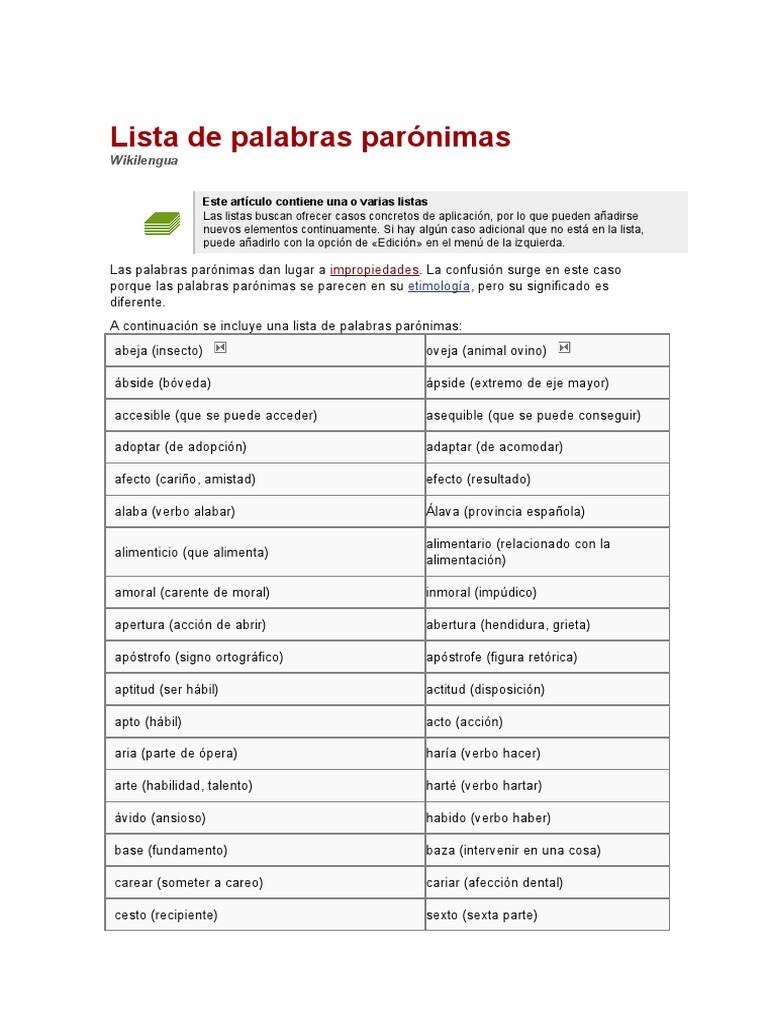 Lista de palabras parónimas y ejemplos | PDF