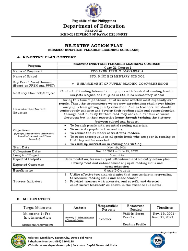 Manansala Re Entry Plan Seameo 2 Pdf Teachers Cognitive Science