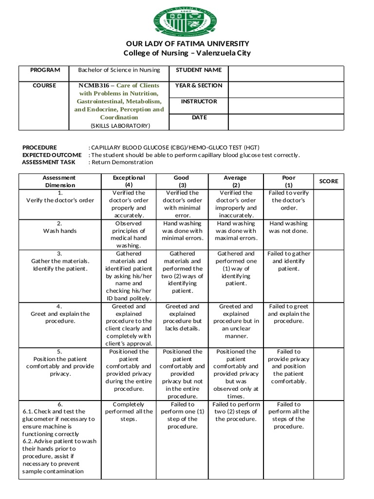 NURSING - NCMB316 SL - RUBRICS - Capillary Blood Glucose-Hemogluco Test ...
