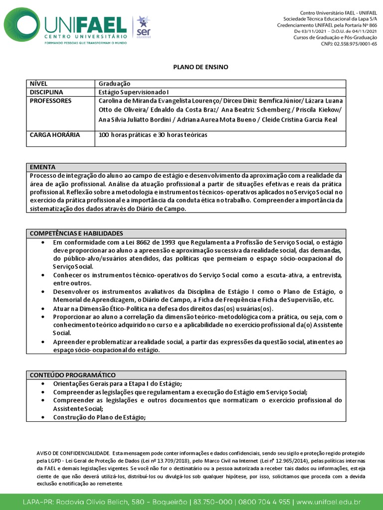 Plano de Ensino - Estágio Supervisionado I 2023 | PDF | Trabalho social ...