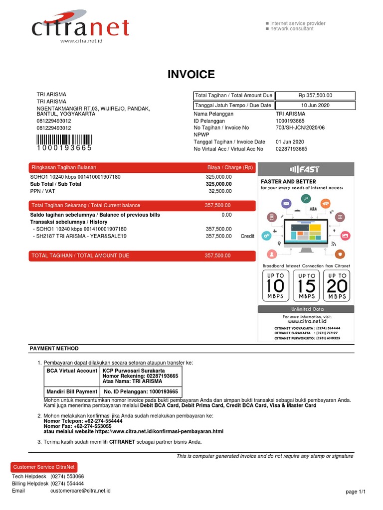 Invoice Pembayaran CitraNet Bantul | PDF