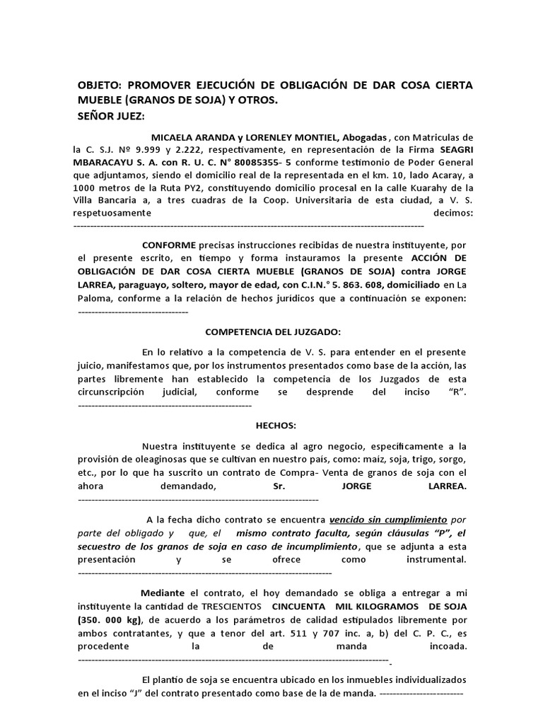 Modelo de Escrito Obligación de Dar Cosa Cierta Mueble | PDF | Mandato ...