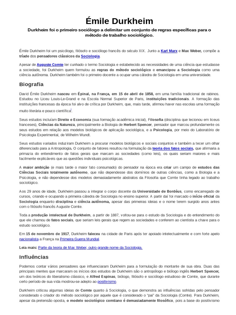 Émile Durkheim - Biografia, Influências, Método - Brasil Escola | PDF | Sociologia | Émile Durkheim