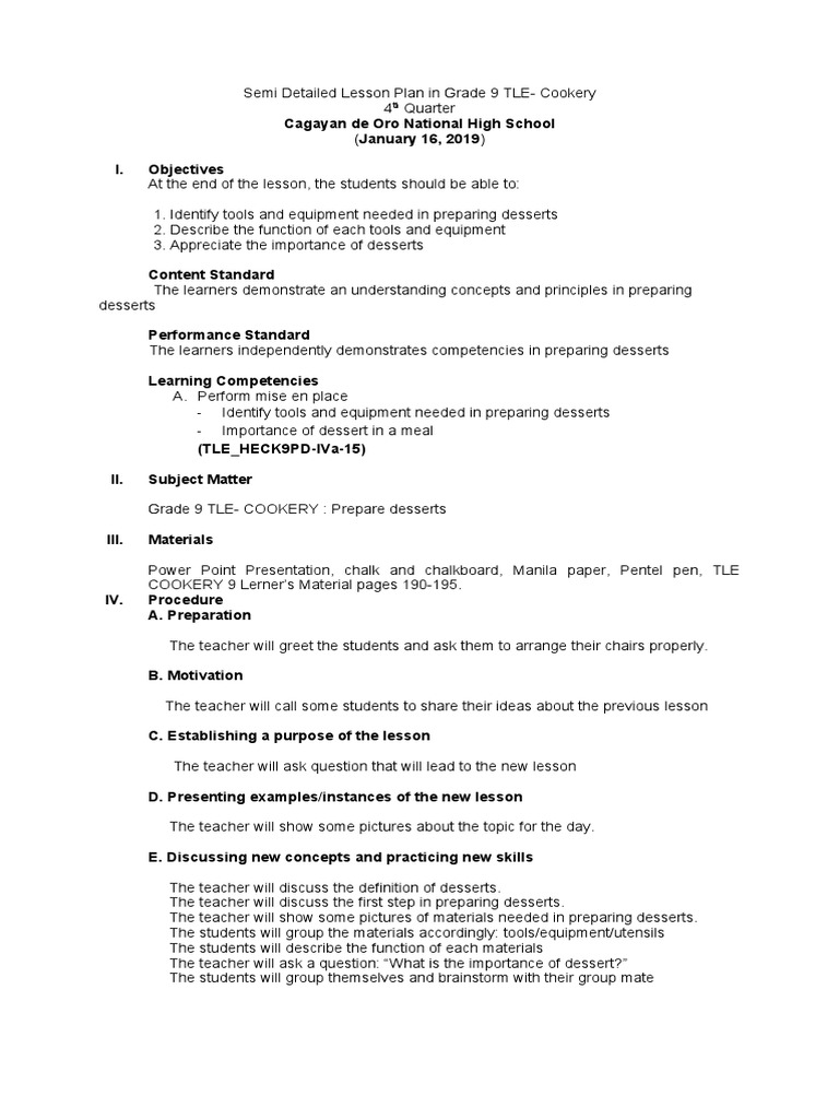 Grade 9 TLE Cookery: Dessert Lessons | PDF | Teachers | Lesson Plan