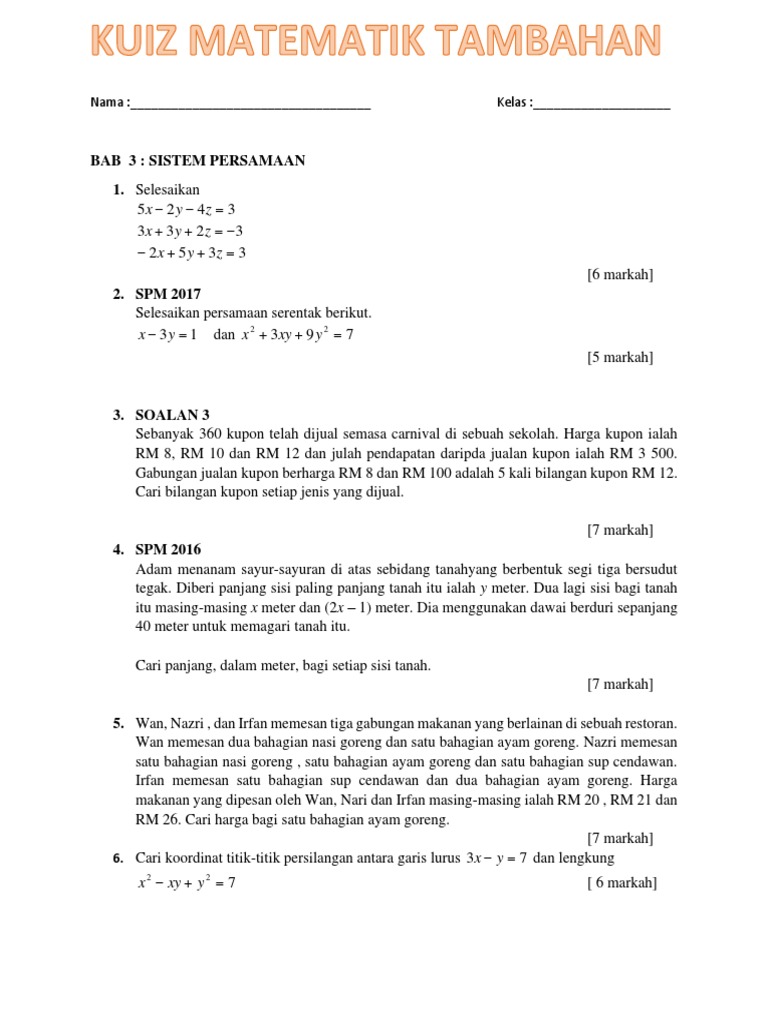 Kuiz Addmath Bab Sistem Persamaan | PDF