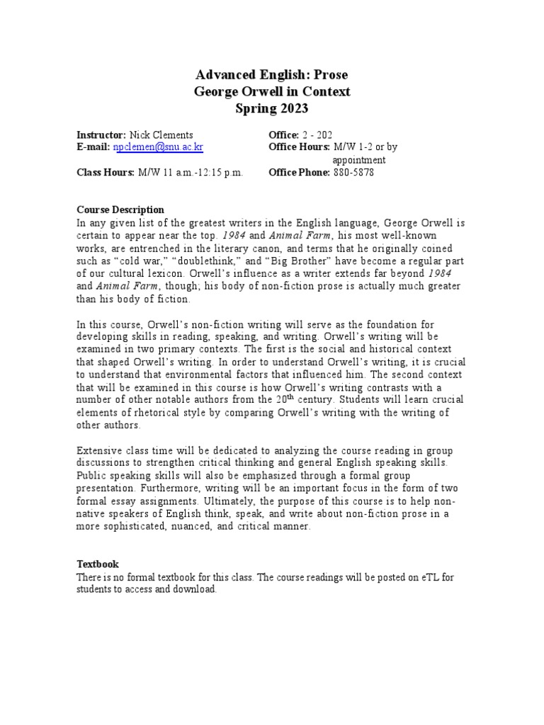 2023-1 Nick Clements Advanced English Prose | PDF | George Orwell | Essays