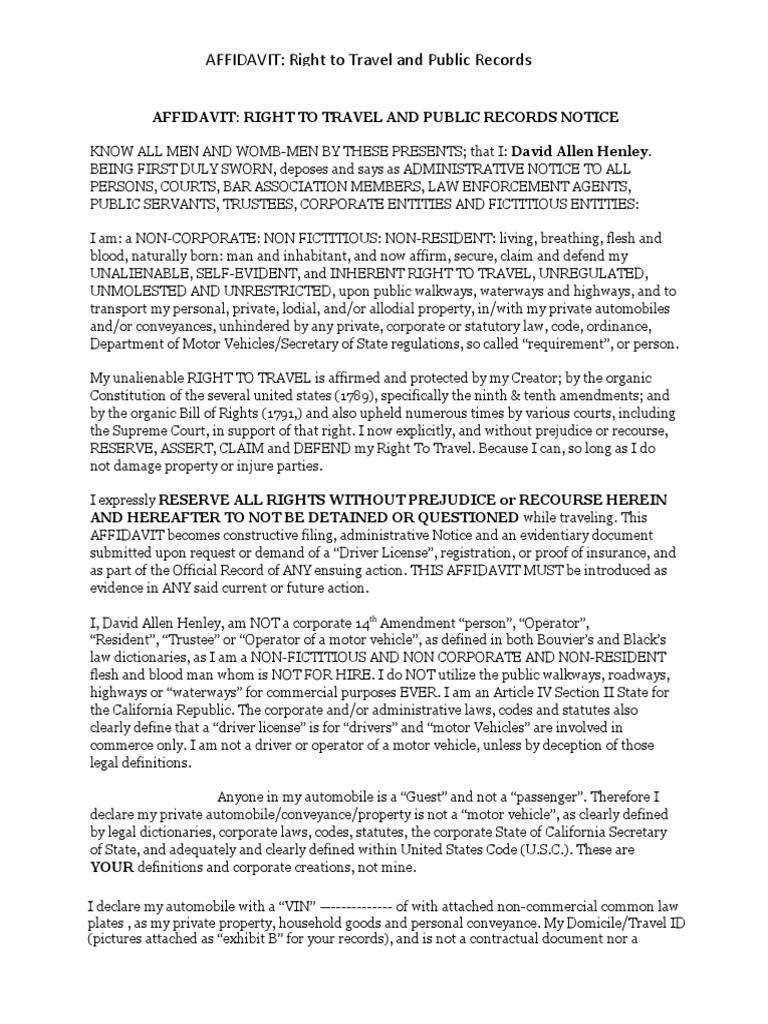 Affidavit Right To Travel and Declaration of Status | PDF | Sovereign ...