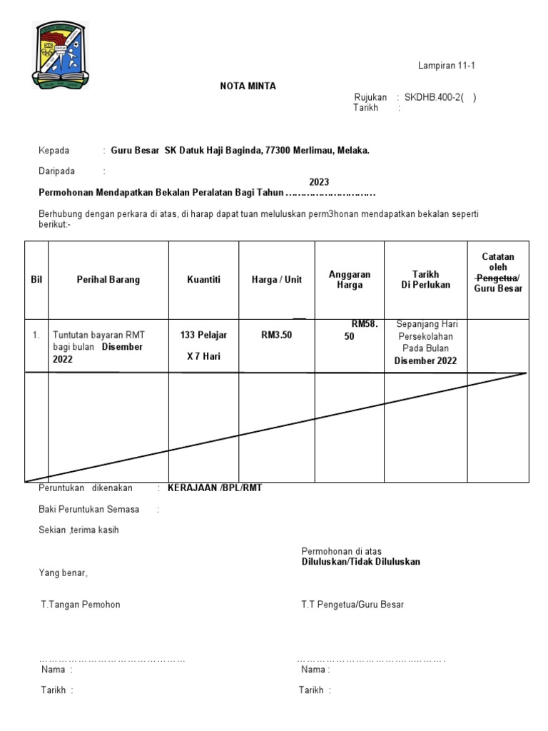 Nota Minta RMT 2023 | PDF