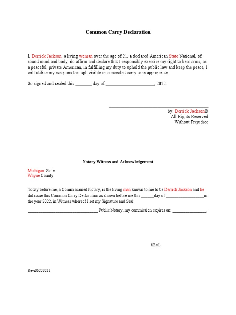 Common Carry Declaration by Derrick Jackson | PDF