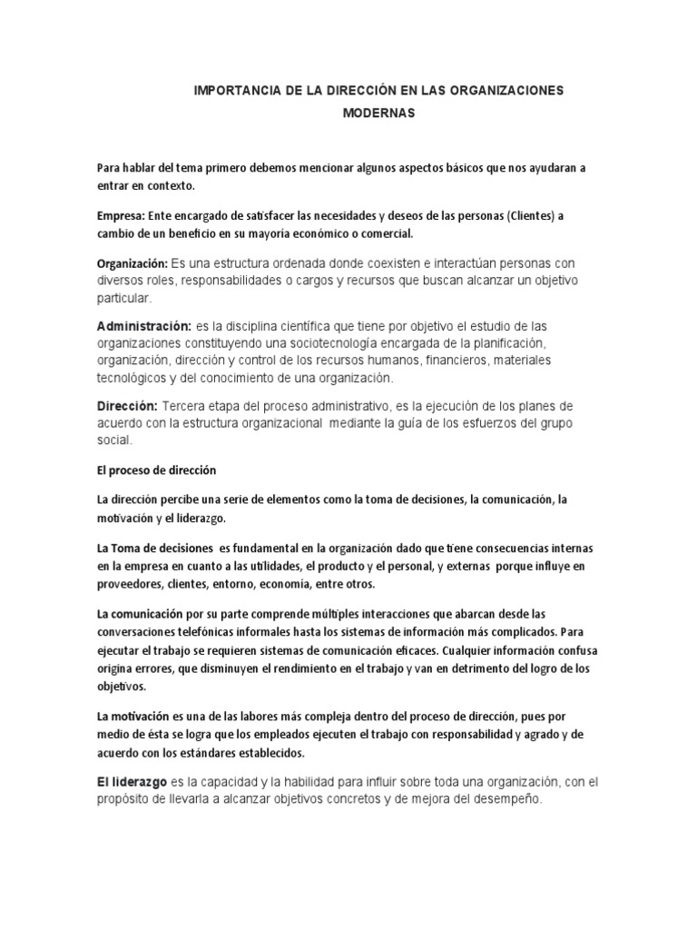 Importancia de La Dirección en Las Organizaciones Modernas | PDF | Negocios