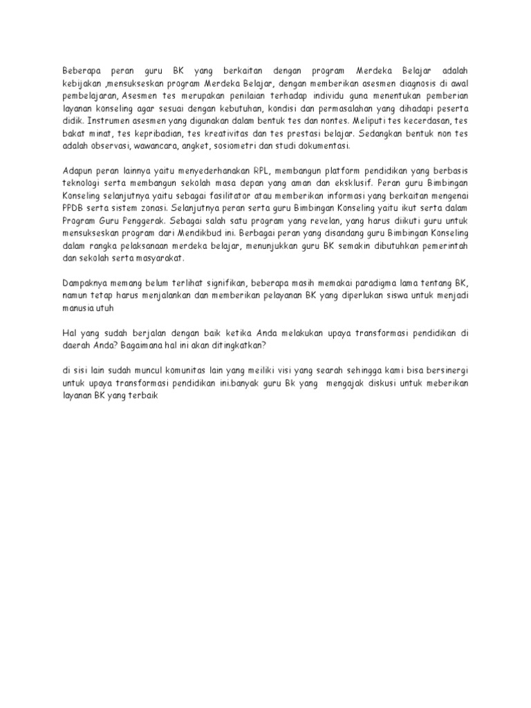 Beberapa Peran Guru BK Yang Berkaitan Dengan Program Merdeka Belajar Adalah Kebijakan | PDF