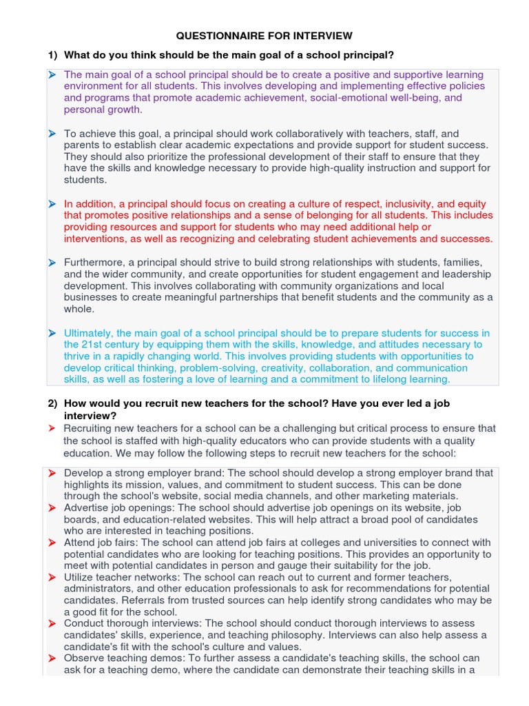 Questionnaire For Interview 1) What Do You Think Should Be The Main ...