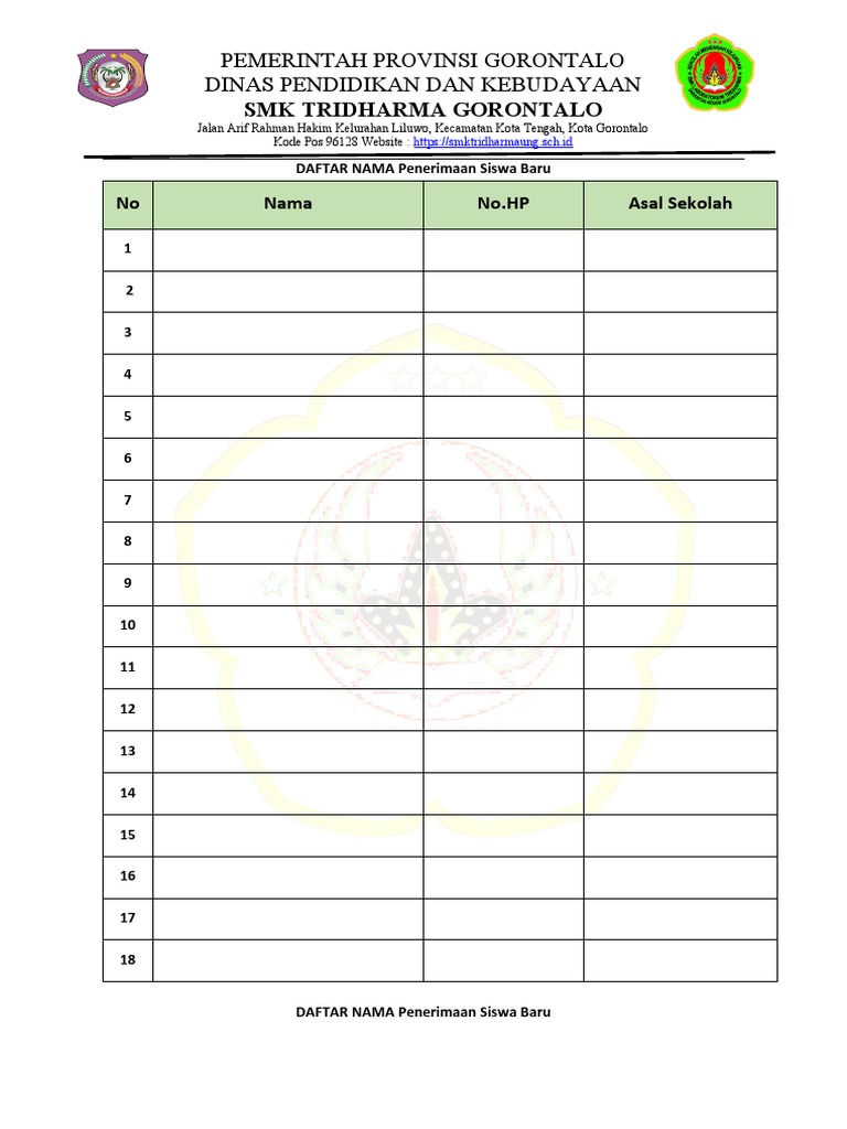 Format Daftar Nama Siswa Di Sekolah2 MTS - SMP | PDF