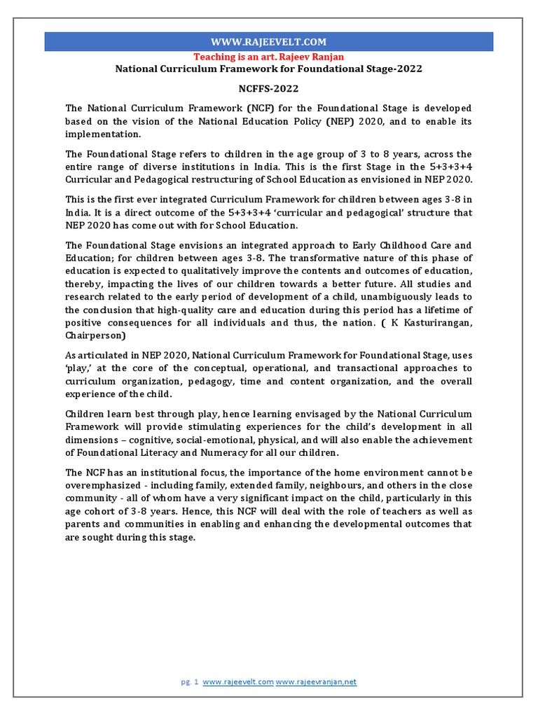 Main Points Of National Curriculum Framework 2022 Pdf Curriculum