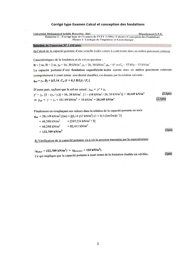 Corrigé Type Examen Calcul Et Conception Des Fondations | PDF