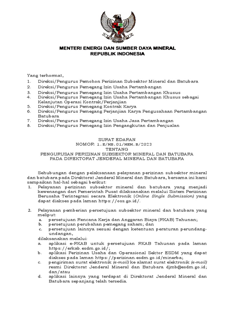 SE Menteri ESDM No 1E - MB - 01 - MEM - B - 2023 | PDF
