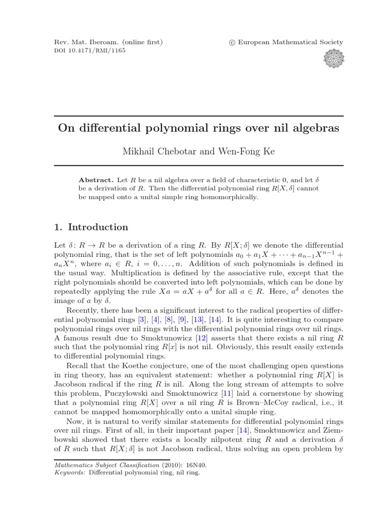 On Differential Polynomial Rings Over Nil Algebras | PDF | Ring (Mathematics) | Polynomial