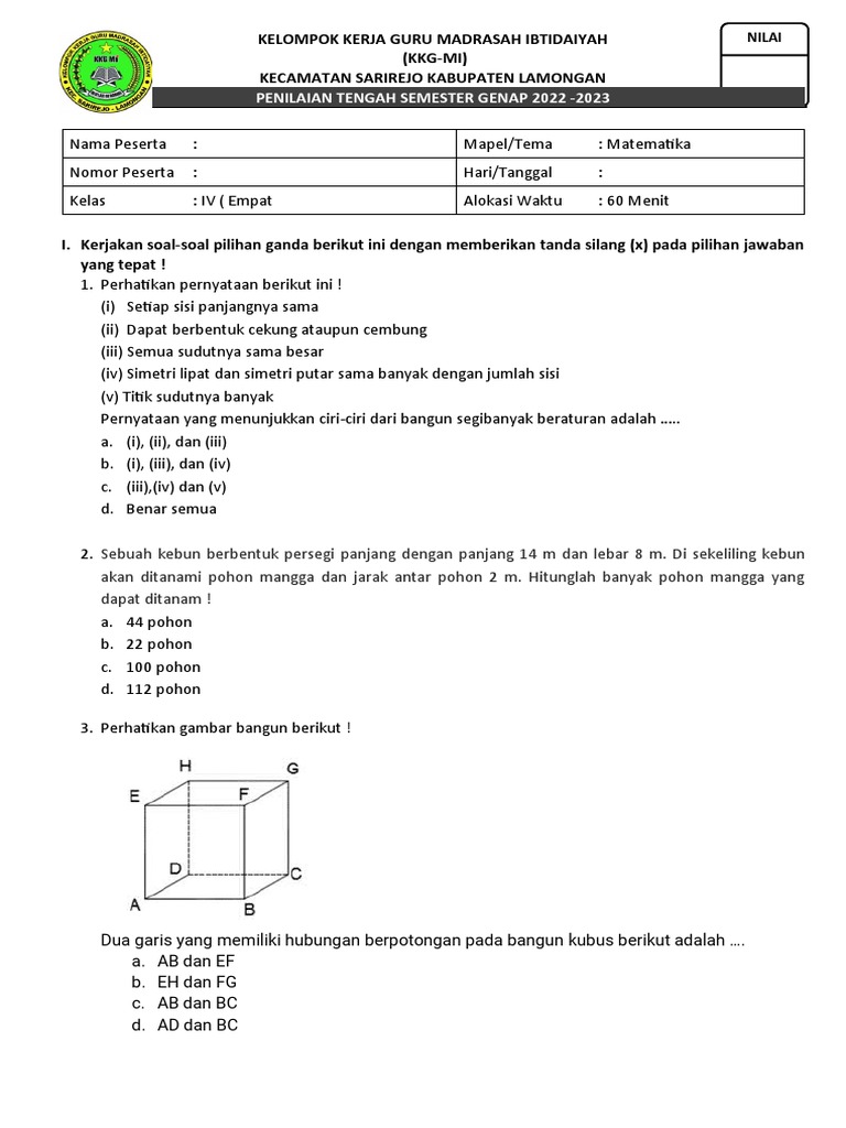 Soal PTS MTK Genap 2022-2023 | PDF