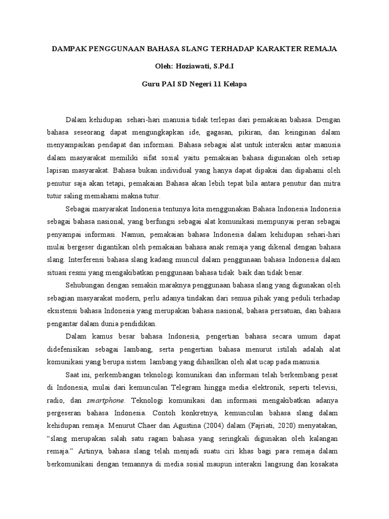 Dampak Penggunaan Bahasa Slang Terhadap Karakter Remaja | PDF | Kajian Bahasa Asing