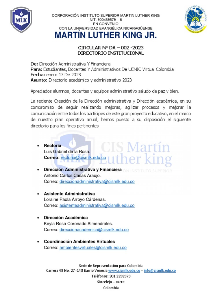 Circular - Da-002-2023 Directorio Institucional | PDF | Colombia