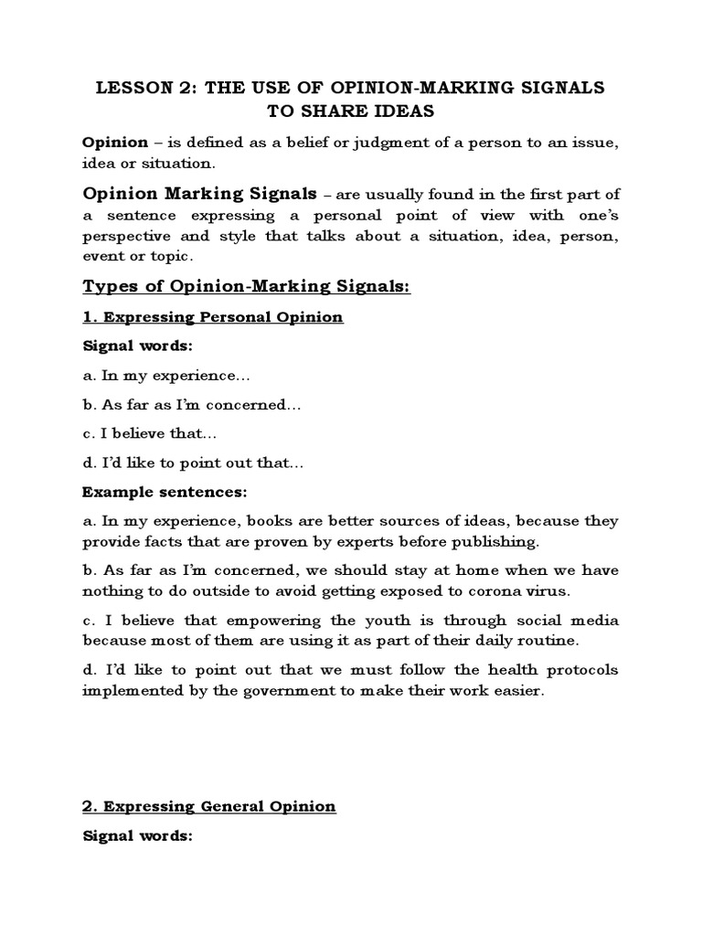 Lesson 2-The Use of Opinion-Marking Signals To Share Ideas | PDF ...