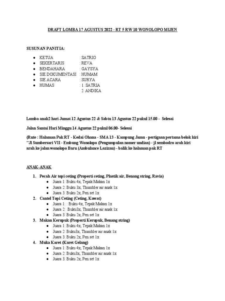 Draft Lomba 17 Agustus 2022 | PDF