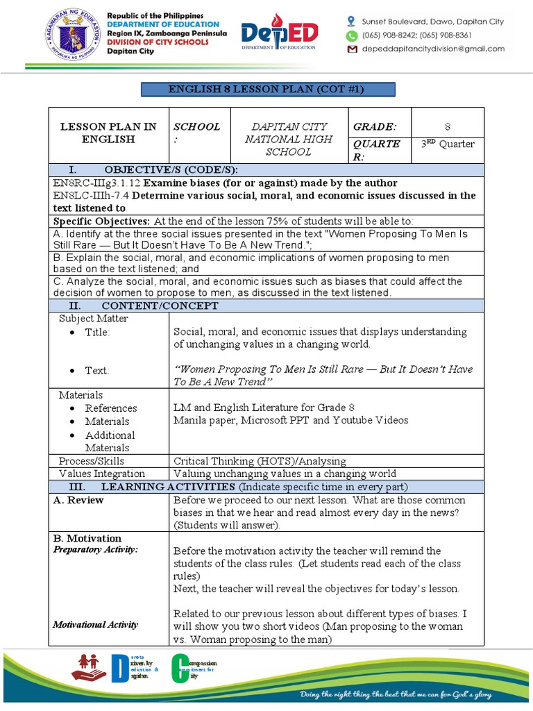Lesson Plan For Demo 3 | PDF | Marriage | Gender