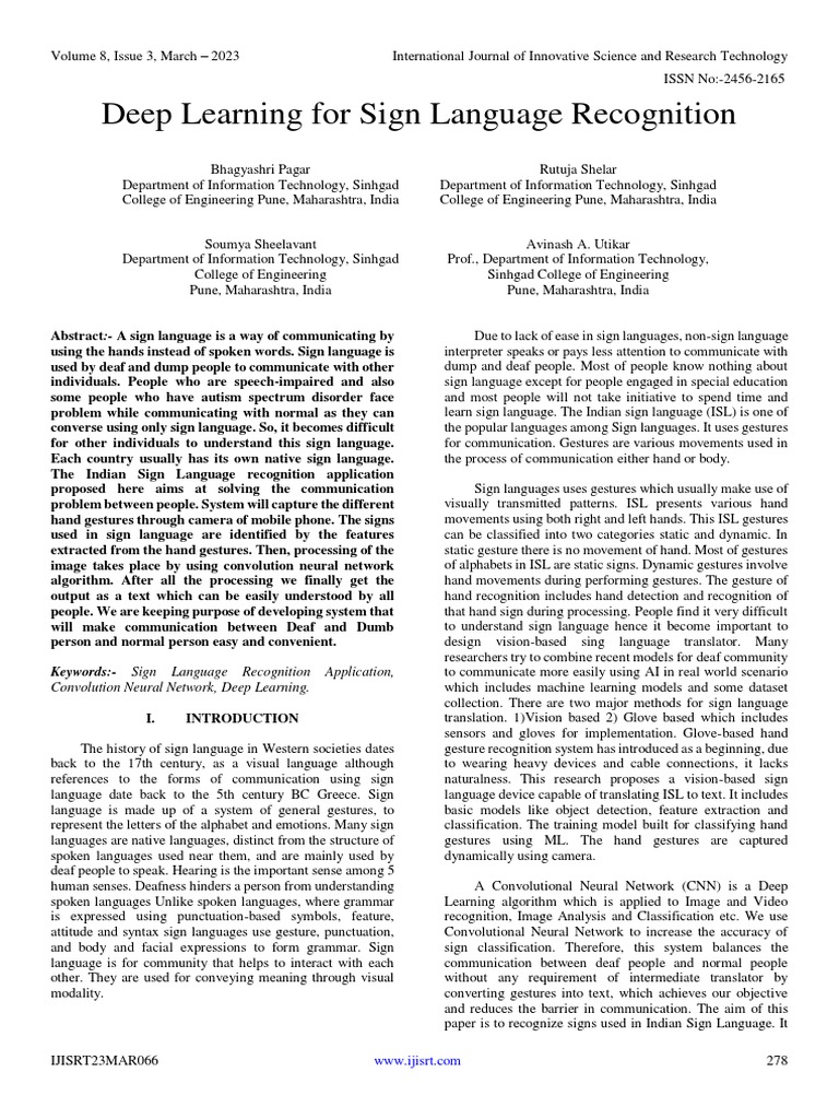 Deep Learning For Sign Language Recognition Pdf Sign Language Cognitive Science