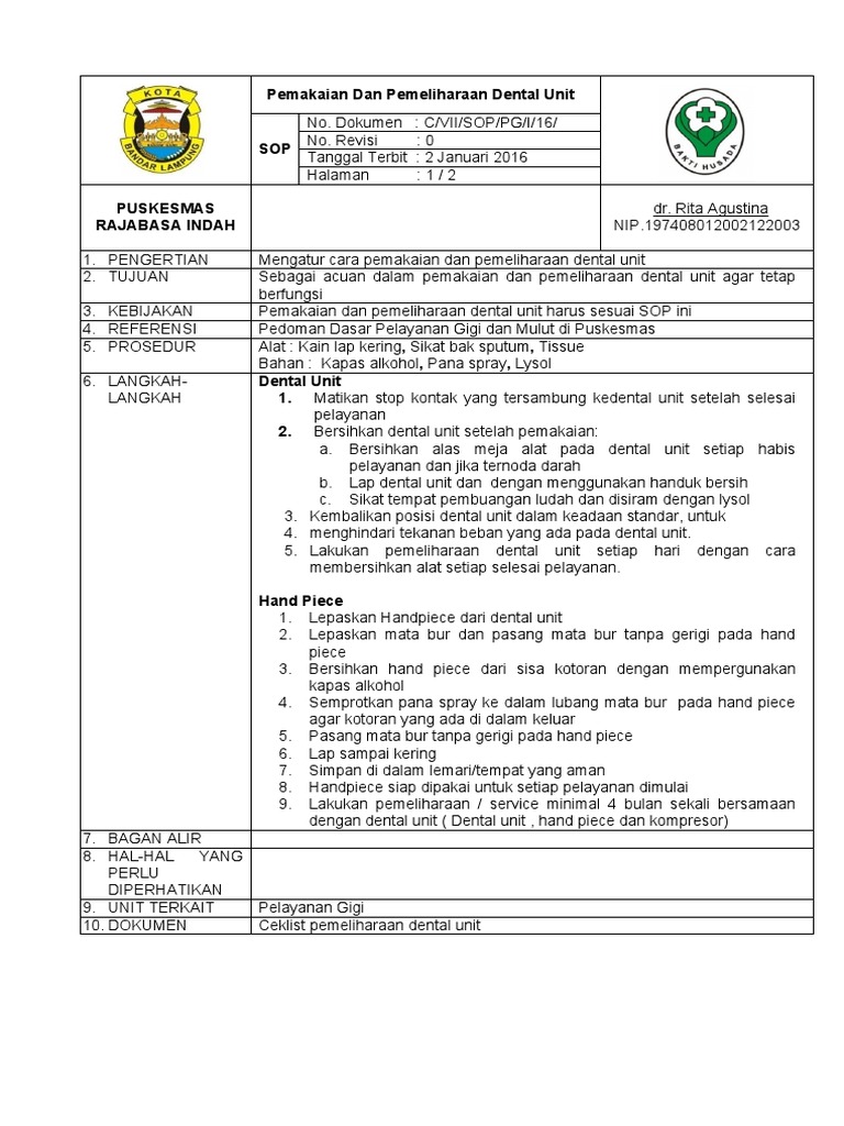 SOP Pemakaian Dan Pemeliharaan Dental Unit | PDF | Griya & Taman | Sains & Matematika