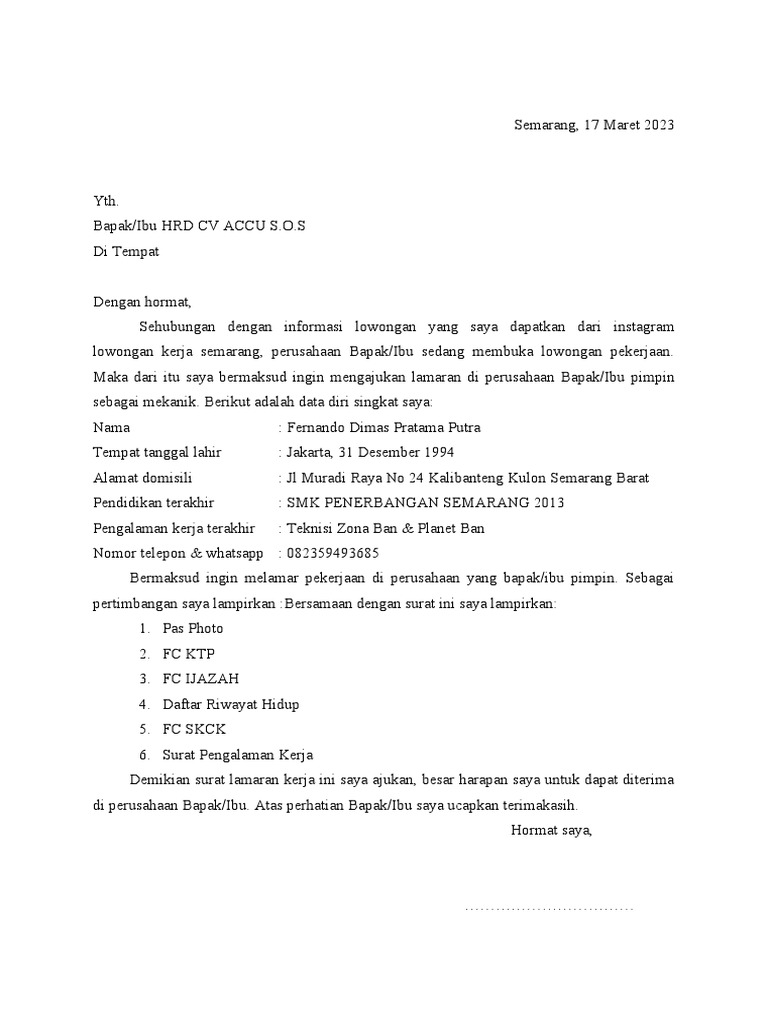 Surat Lamaran DIMAS | PDF