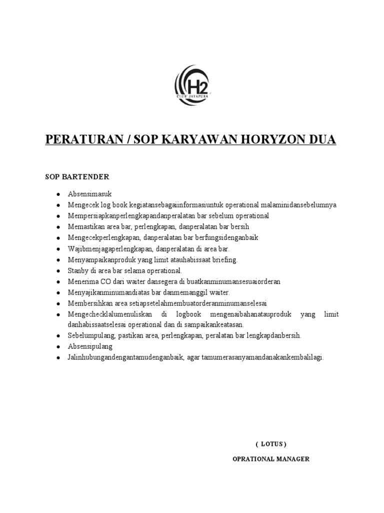 SOP Bartender Horyzon Dua | PDF