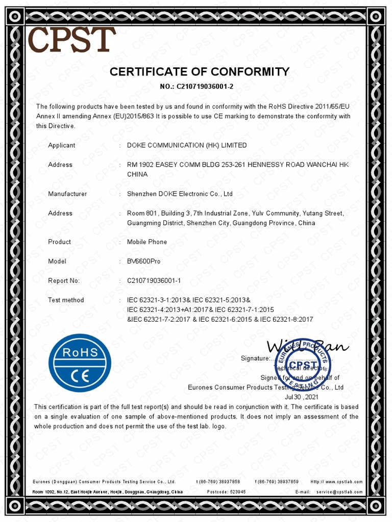 Certificate of Conformity for the BV6600Pro Mobile Phone by Shenzhen ...