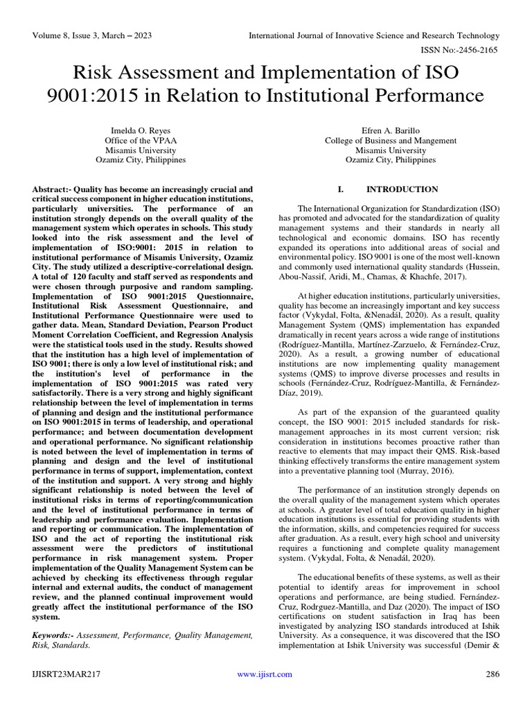 Risk Assessment and Implementation of ISO 90012015 in Relation To ...