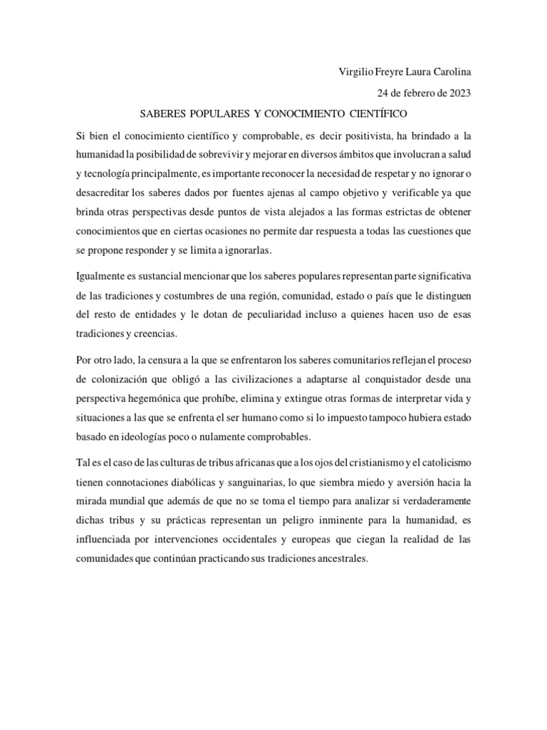 Saberes Populares y Conocimiento Científico | PDF