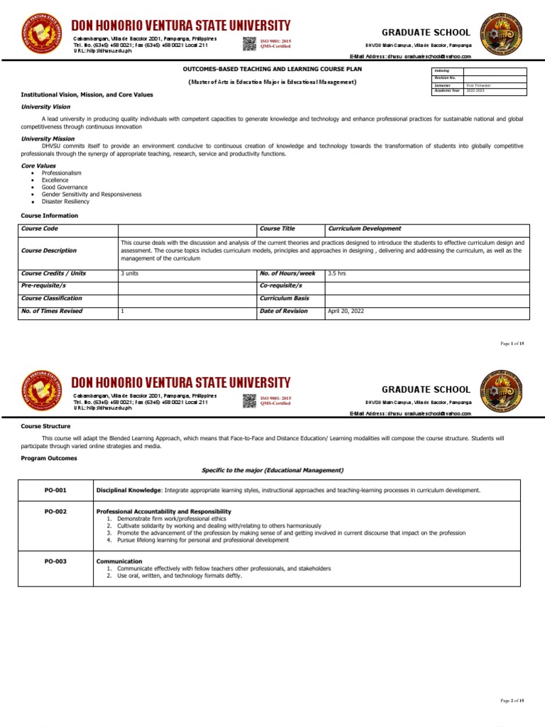 OBE Course Syllabus Curriculum Devt MAED EM Revised - 2022 1 | PDF | Curriculum | Educational ...
