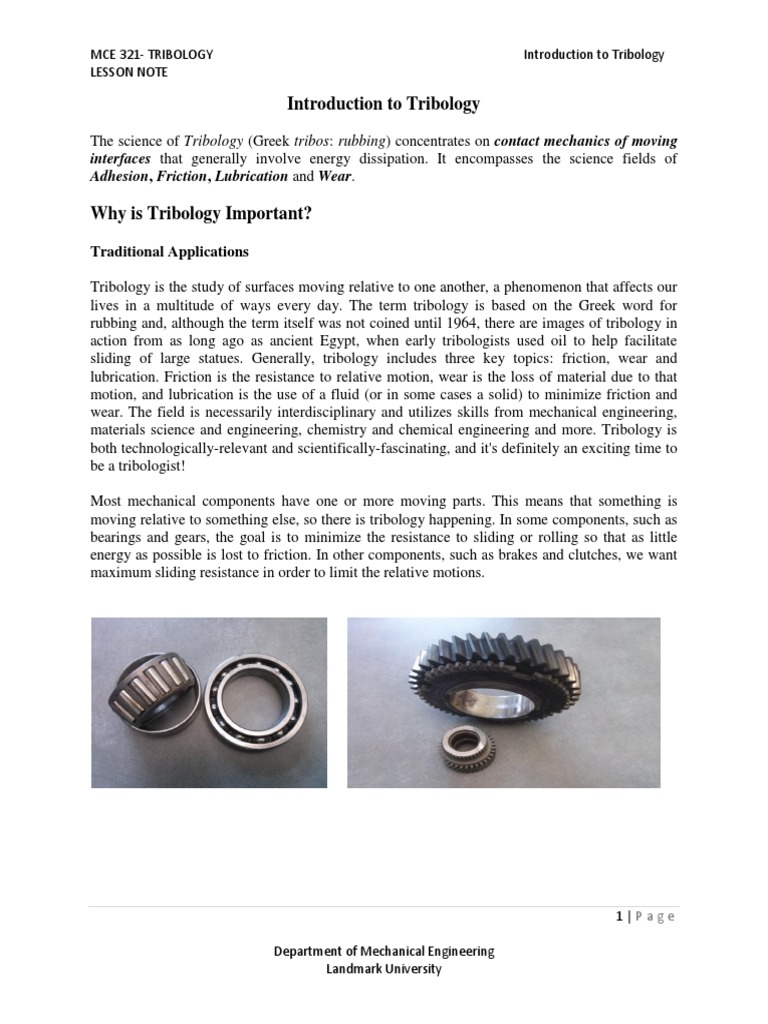 MCE321 - Introduction To Tribology Lecture Note | PDF | Wear | Friction