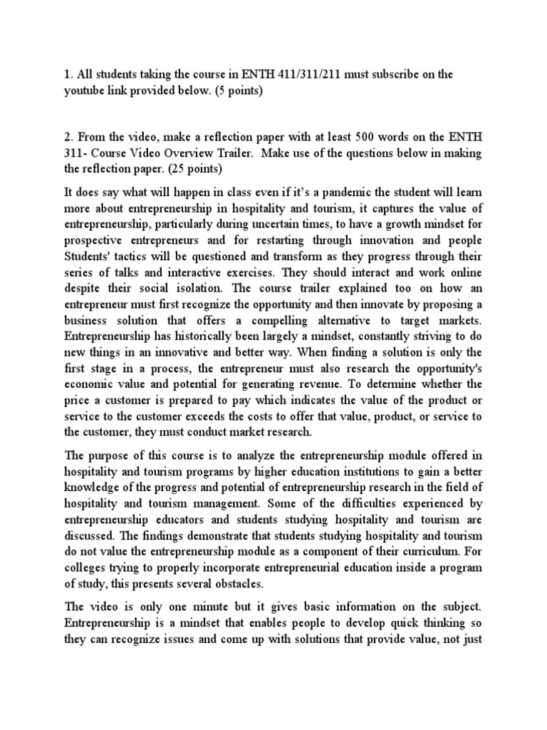 Reflection on a Course Video Overview Trailer for ENTH 311: Analyzing the Value of ...